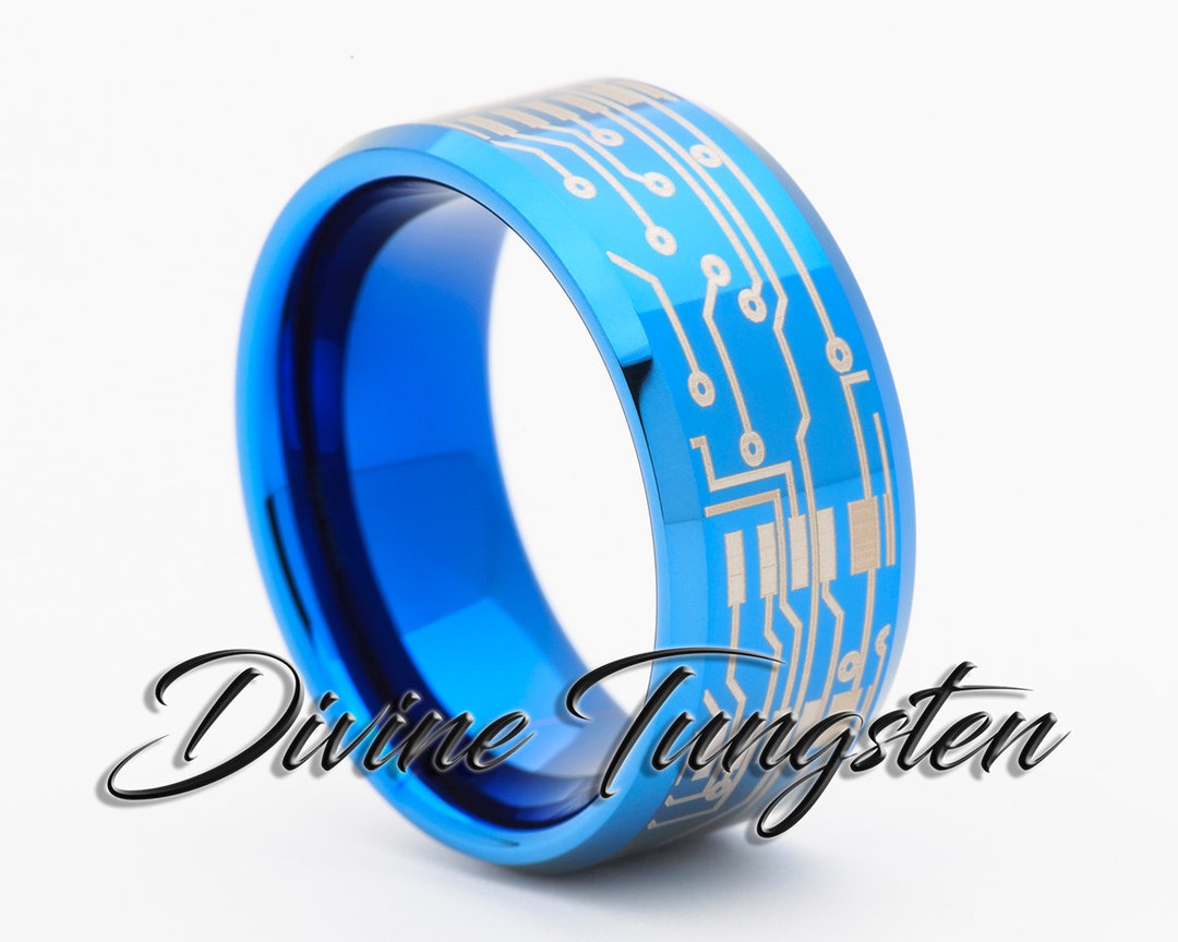 Circuit Board Mens Tungsten Carbide Wedding Band 10mm Blue Beveled ...