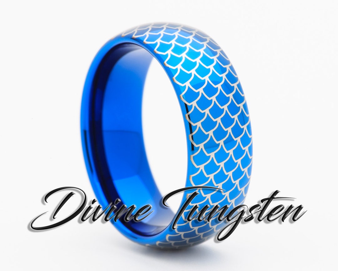 Fish Scales Pattern Tungsten Carbide Wedding Band 8mm Blue Dome ...