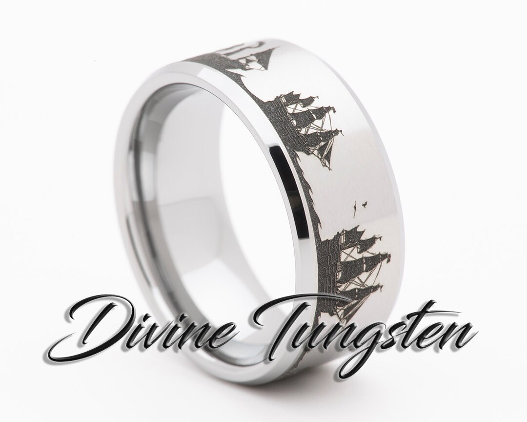 Pirate Ship Tungsten Carbide Wedding Band 10mm Pipe Satin Polished Ring ...