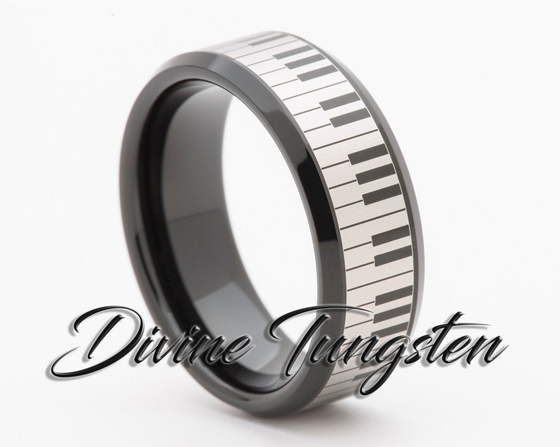 Piano Keys Tungsten Carbide Wedding Band 8mm Black Beveled Polished ...