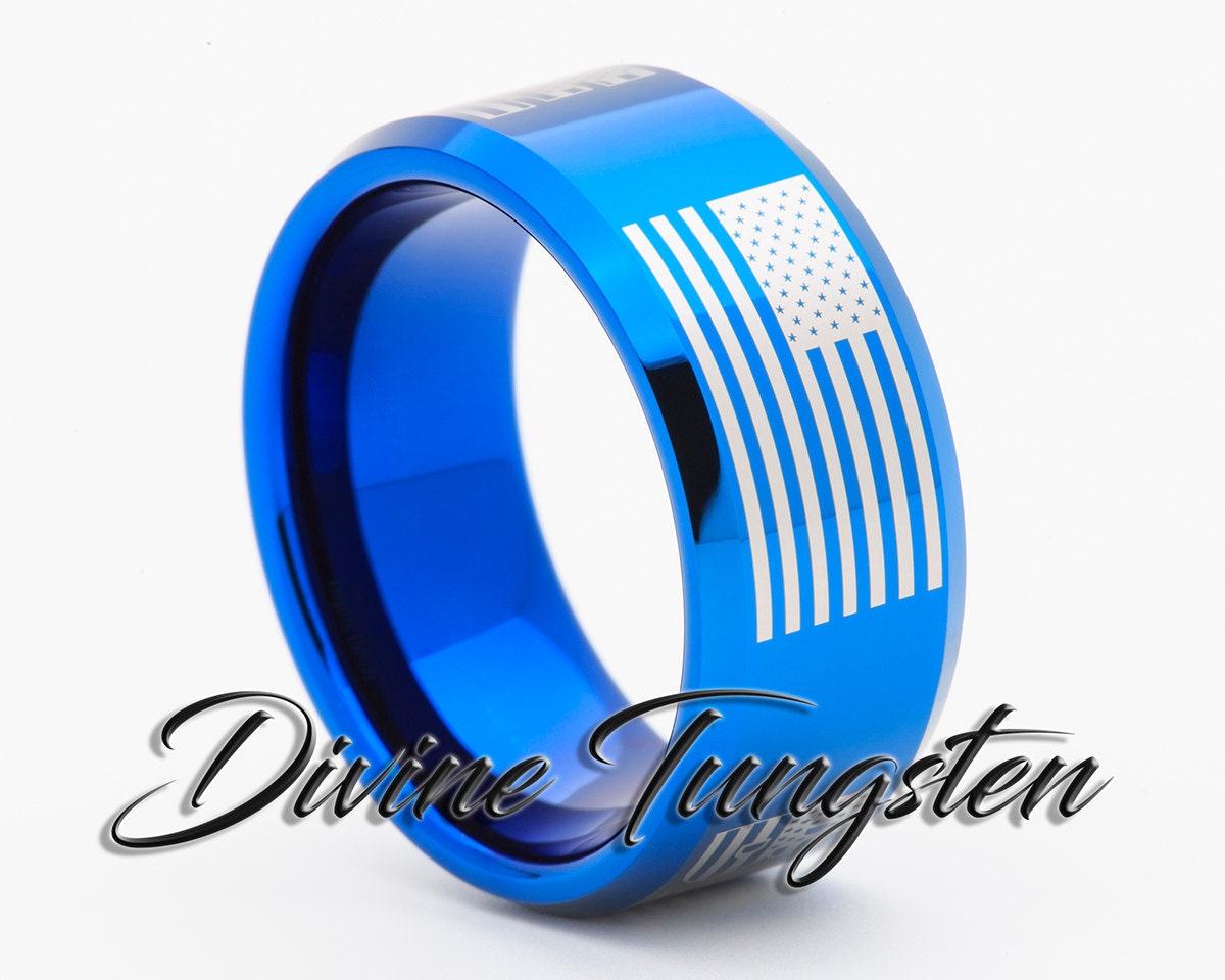Police American Flag Design Tungsten Carbide Wedding Band 10mm Blue ...