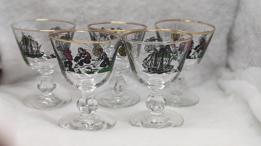 5 Treasure Island Pirate Liquor Glasses by Libbey Glass Company Gold ...