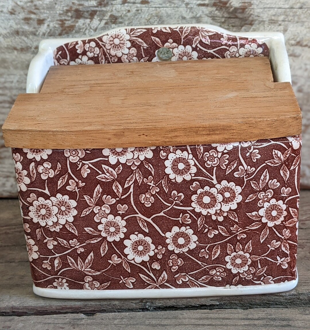 Vintage Brown & White Ceramic SALT BOX Calico Floral Pattern W/ Wood ...