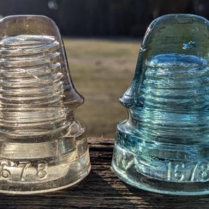 Two CD 162 Antique Glass Insulators Embossed 1678 Straw and Light Blue ...