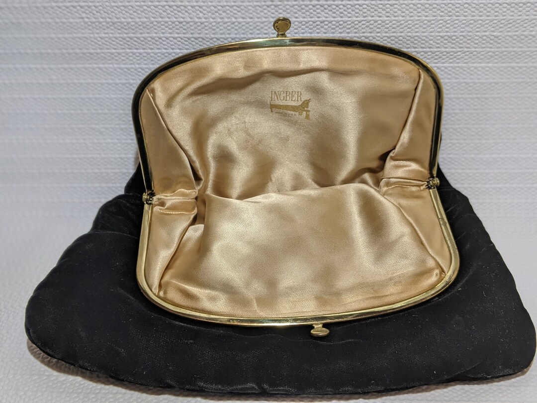 Vintage INGBER Black Velvet Clutch: Gold Satin Liner, Hinged Opening - Etsy