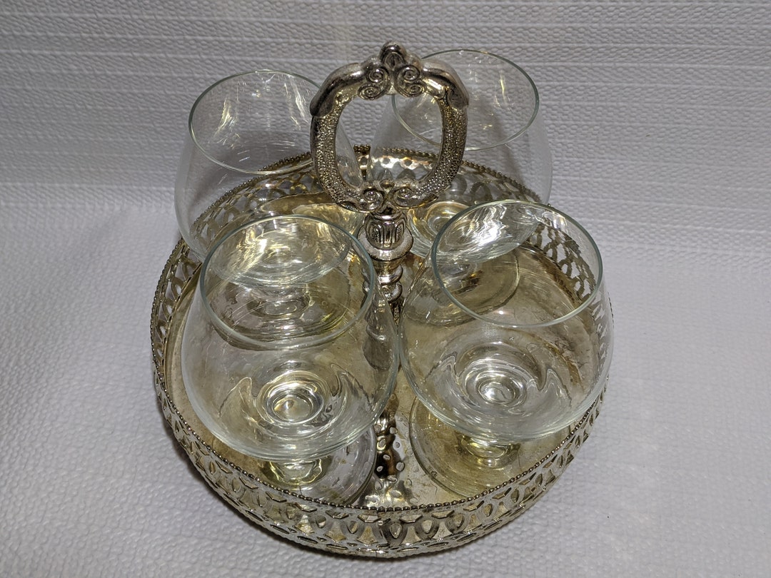 Vintage Silverplated Crystal Brandy Set With Tray - Leonard Silver Mfg ...