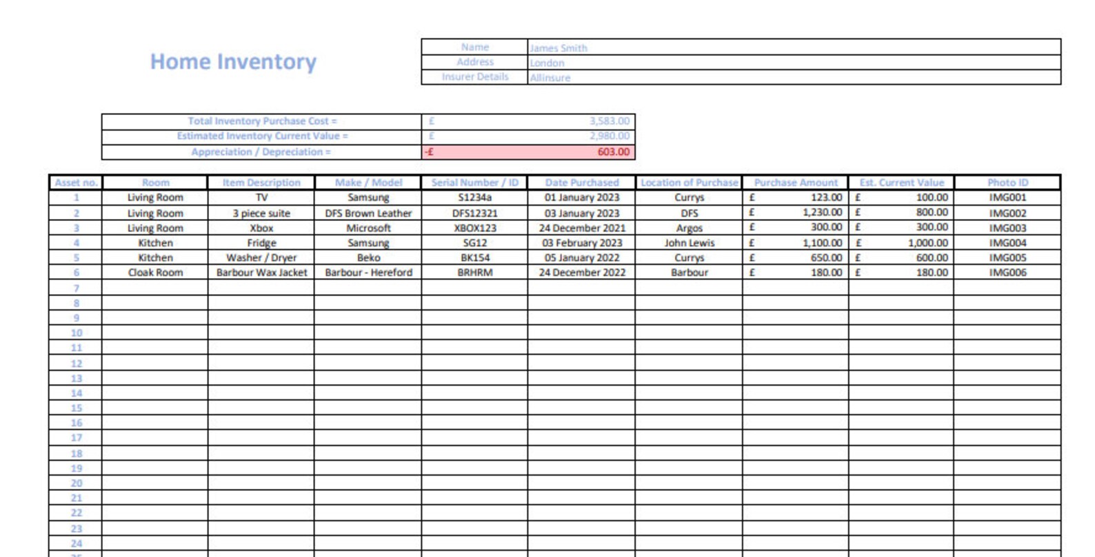 Home Inventory / Collection Inventory Template for Microsoft Excel Cost ...