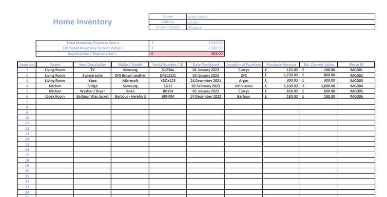 Home Inventory / Collection Inventory Template for Microsoft Excel Cost ...