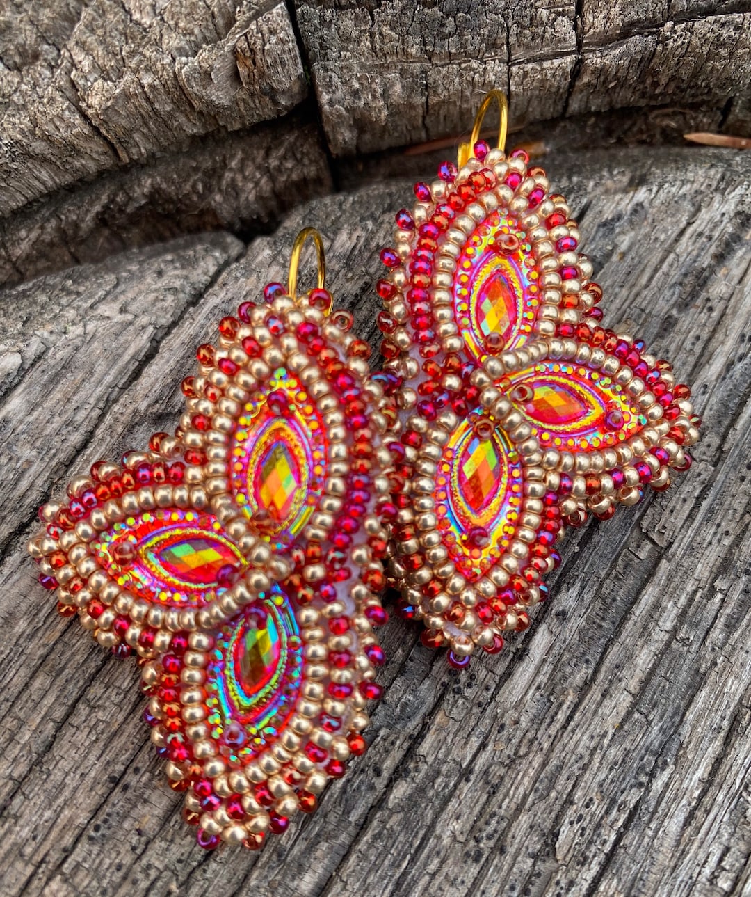 Stunning Red & Gold Beaded Earrings, Native American Beaded Earrings ...