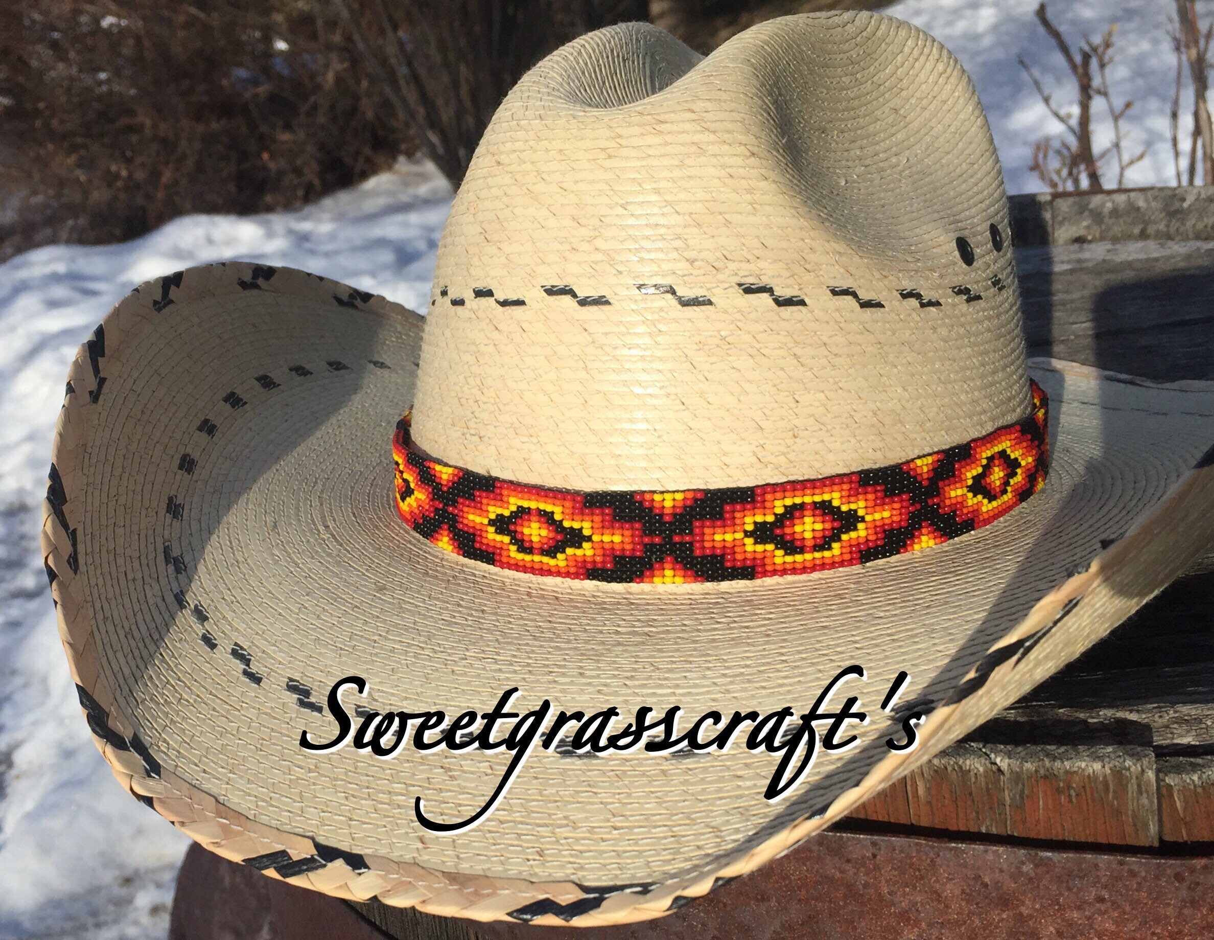 Beaded black Cowboy Hat band black & red hatband Native | Etsy