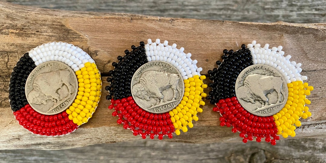 Beaded Buffalo Nickel Medicine Wheel Badge Reel, Native American Beaded ...
