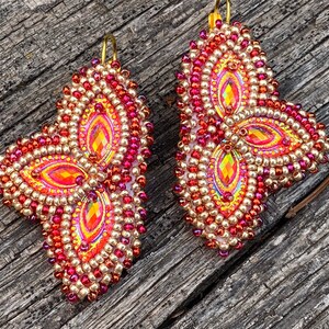 Stunning Red & Gold Beaded Earrings, Native American Beaded Earrings ...