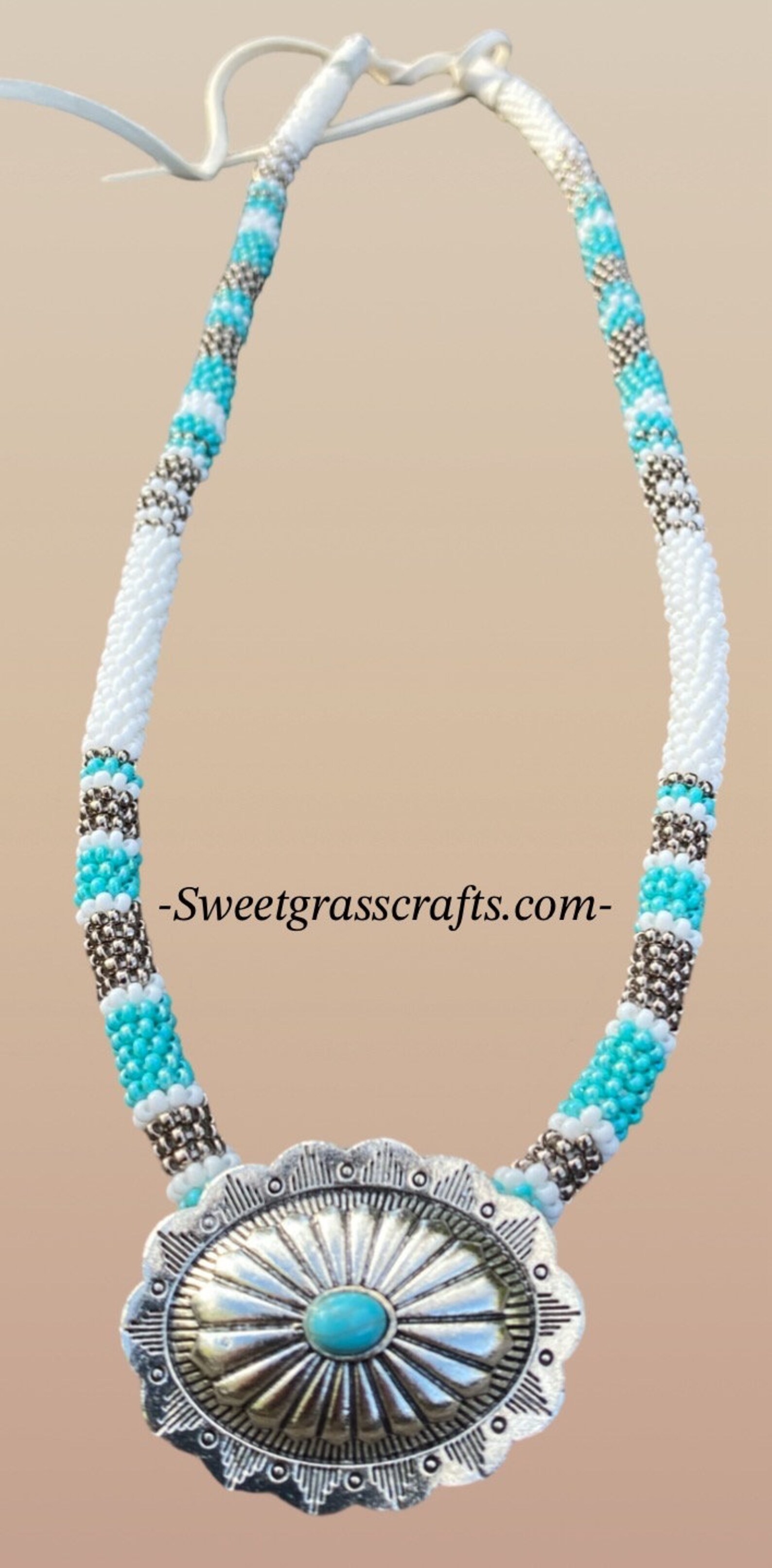 Beaded Round Necklace With Concho Center, Beaded Grey & Blue Round ...