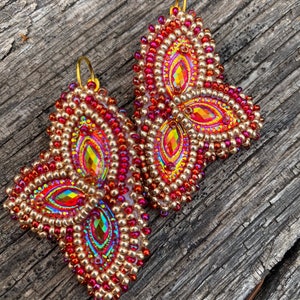 Stunning Red & Gold Beaded Earrings, Native American Beaded Earrings ...