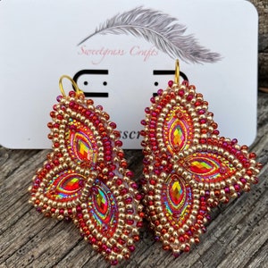 Stunning Red & Gold Beaded Earrings, Native American Beaded Earrings ...