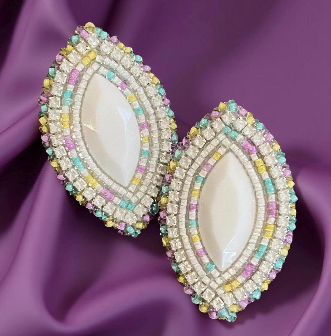 Pastel Beaded Statement Earrings, 2” White Colorful Earrings - Etsy