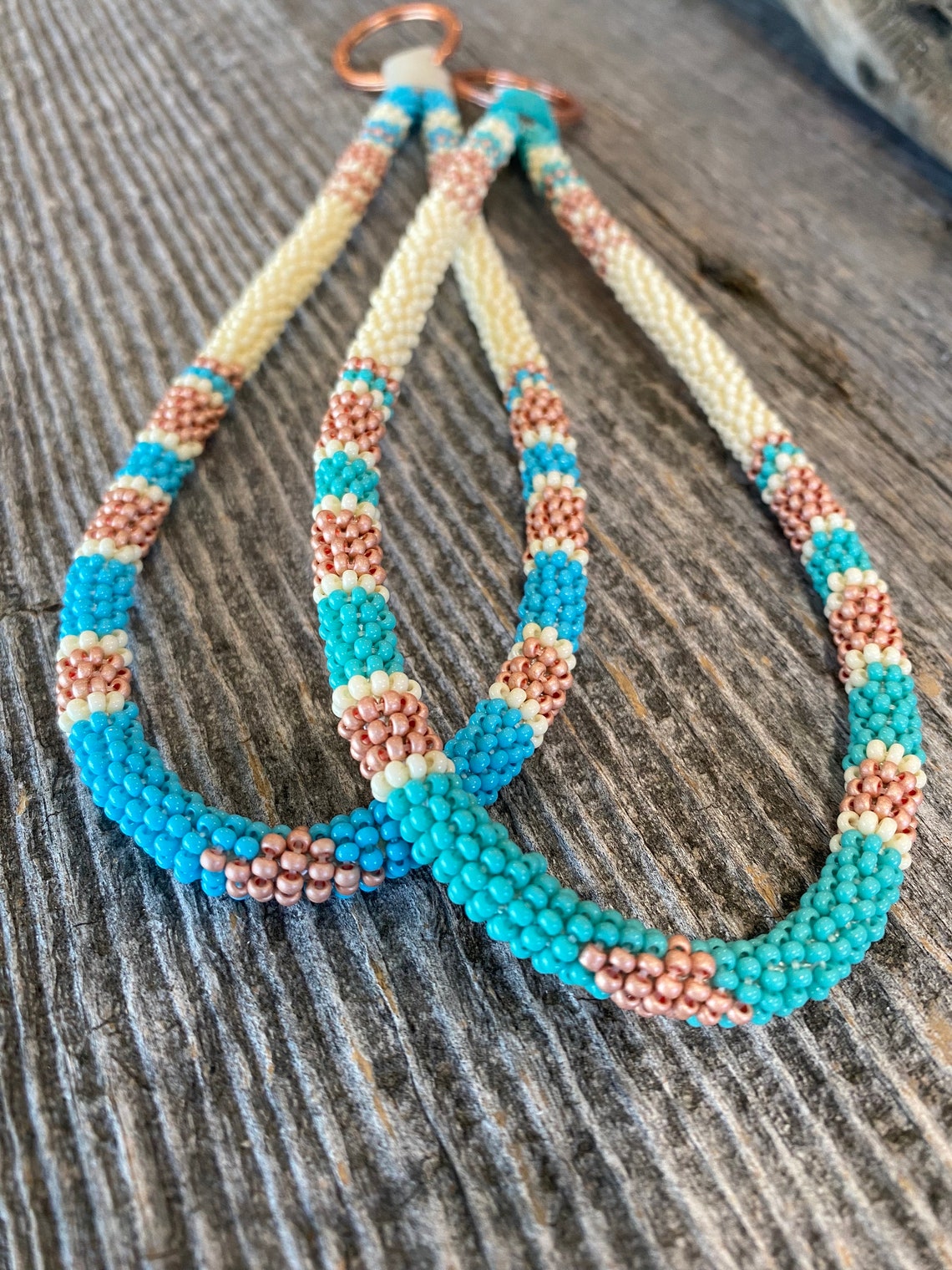 Copper Turquoise Blue or Turquoise Green Key Chain, 8” Wristlet Beaded ...