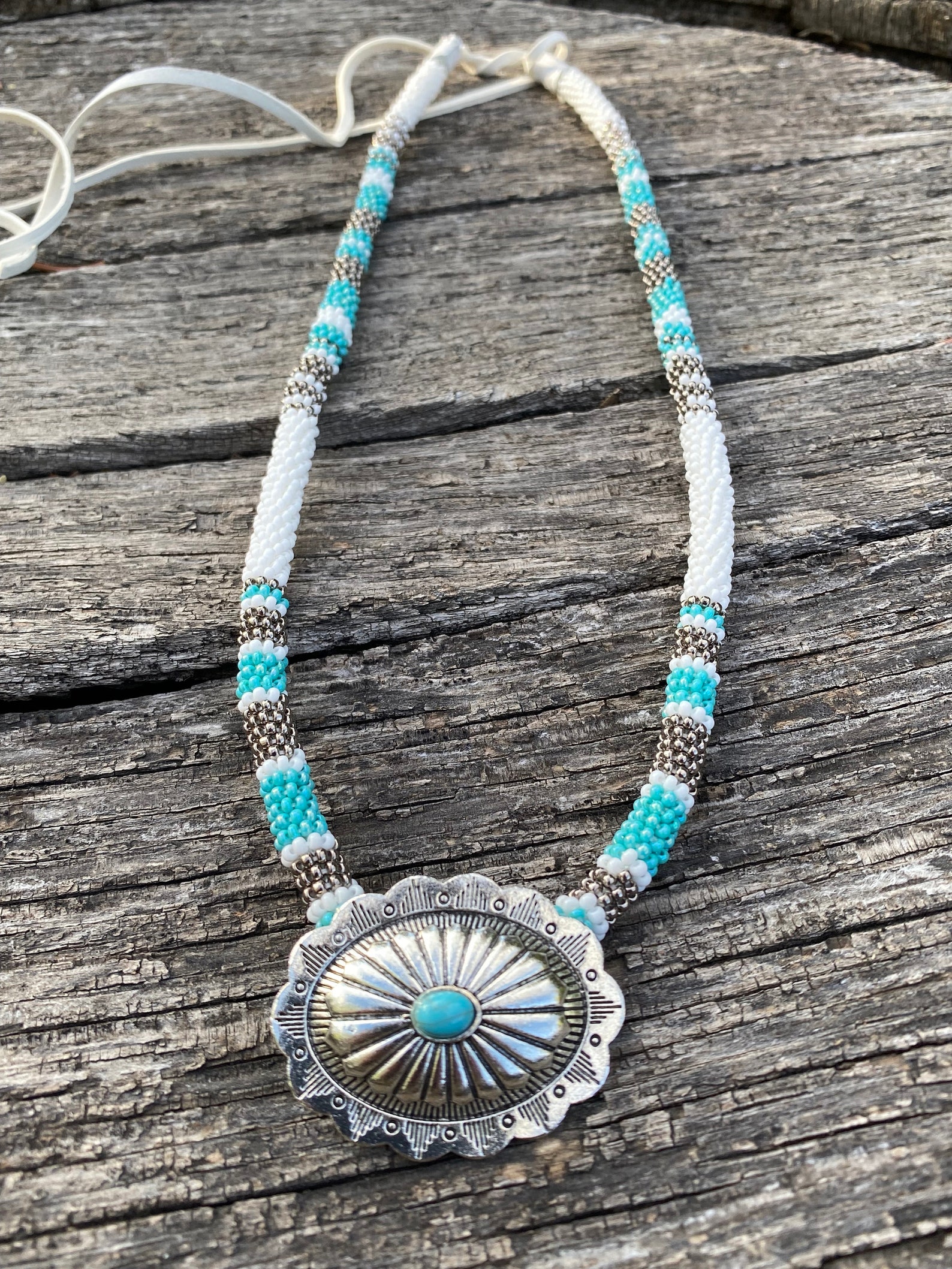 Beaded Round Necklace With Concho Center, Beaded Grey & Blue Round ...
