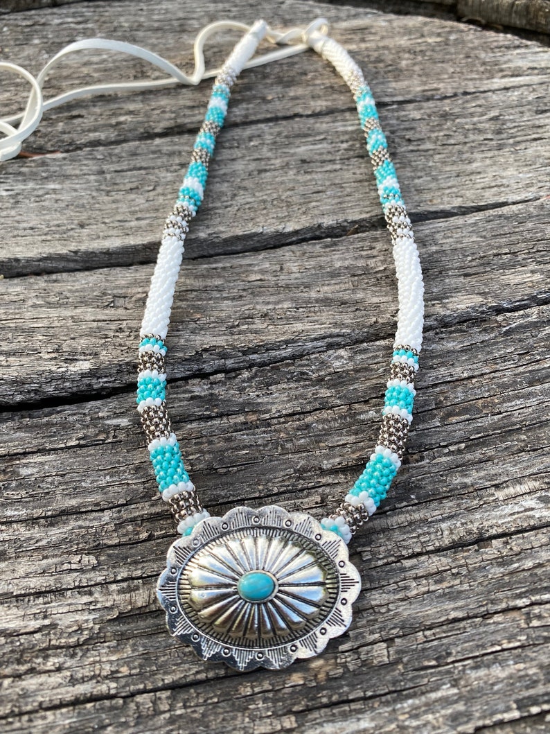 Beaded Round Necklace With Concho Center, Beaded Grey & Blue Round ...
