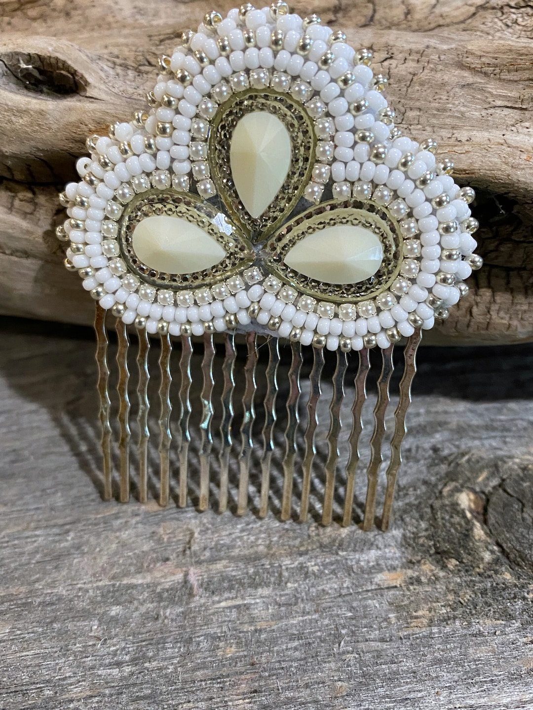 Native American Beaded White & Silver Hair Comb, Hair Comb, Regalia ...