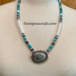 Beaded Round Necklace With Concho Center, Beaded Grey & Blue Round ...