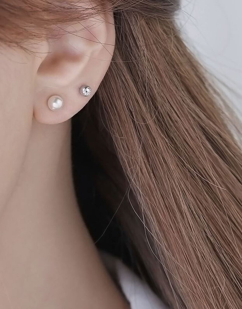 Dainty 6mm Pearl Stud Earrings Piercing Crystal Screw Ball - Etsy