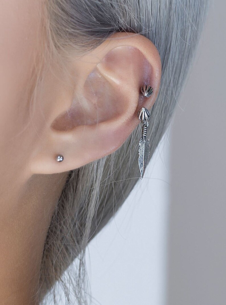 Double Sided Earring Front Back Earrings Drop Feather Cartilage Earring ...