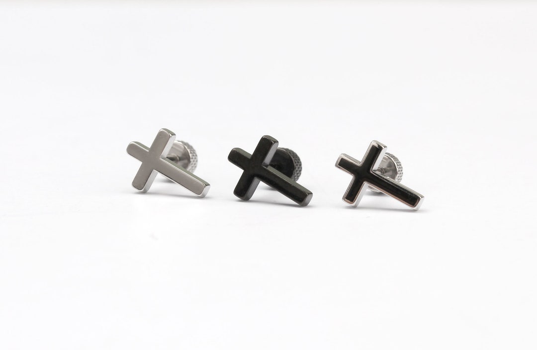 Cross Cartilage Earring Piercing for Men 16g Simple Cross Barbell Stud ...
