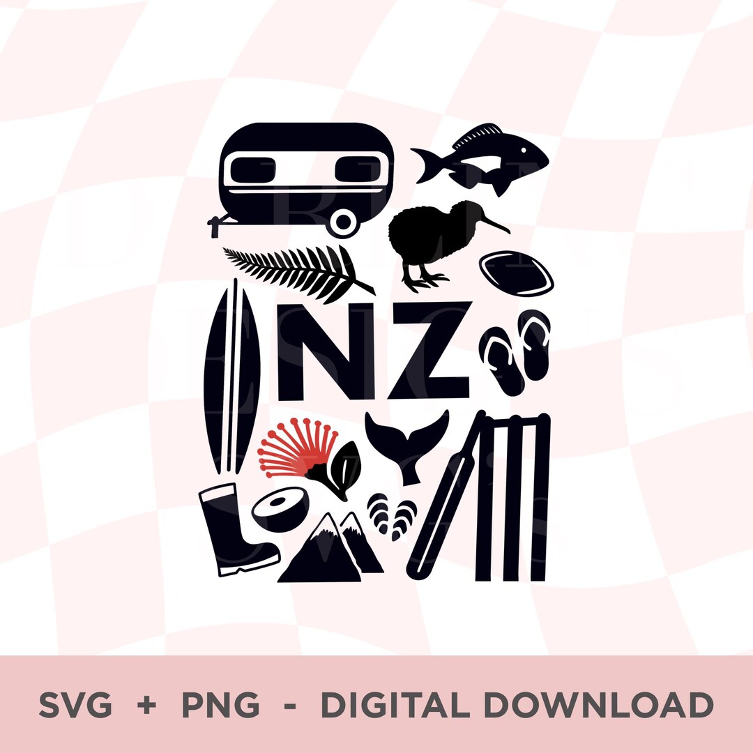 New Zealand Clipart Collage SVG Bundle, NZ Symbols, Kiwi Outline ...