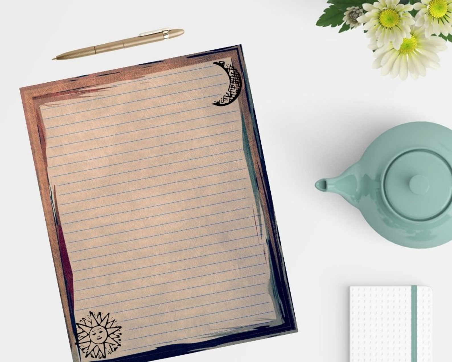 Sun Moon Stars Theme 7 Lined Digital Pages Printable Stationery Book of ...