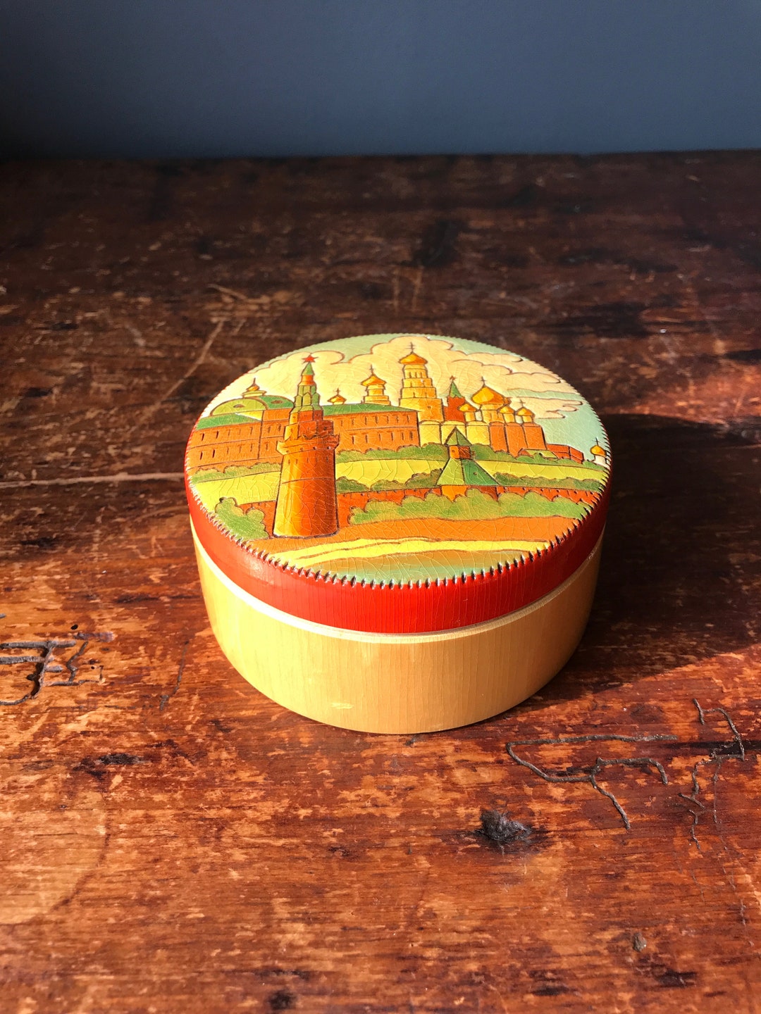 Wooden Folk Art Box Russian USSR Hand Painted Round Decorative - Etsy