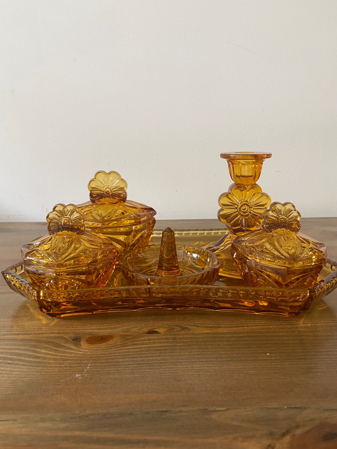 Vintage Deco Amber Pressed Glass Dressing Table Set With Flower Motif ...