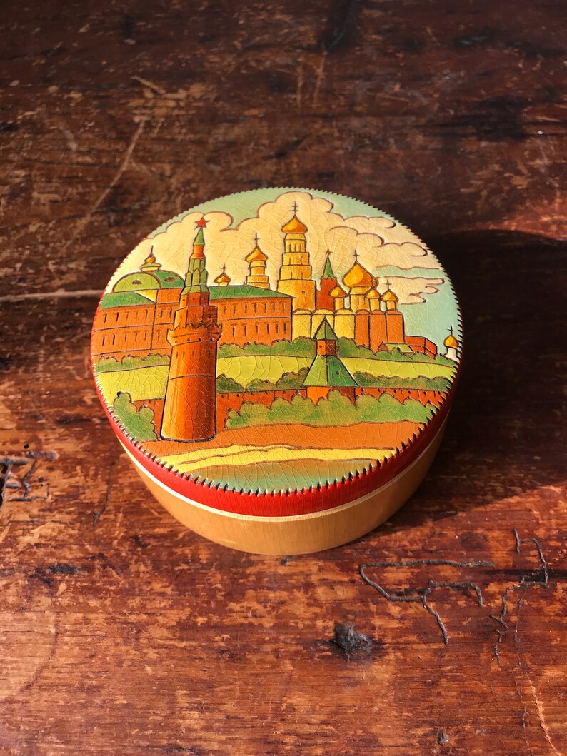 Wooden Folk Art Box Russian USSR Hand Painted Round Decorative | Etsy