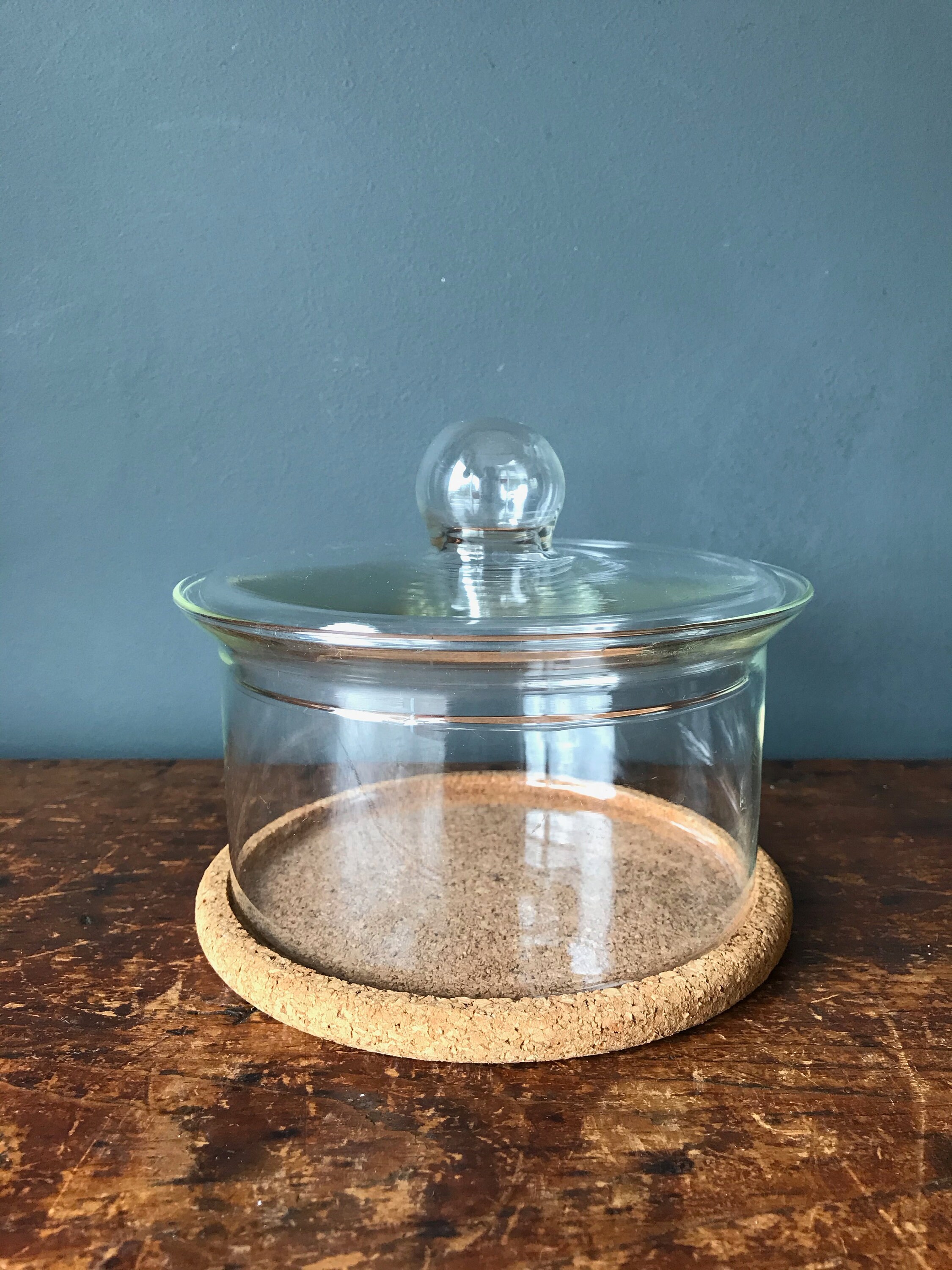 Vintage Cheese Dish Clear Glass With Lid on Cork Base Tray | Etsy