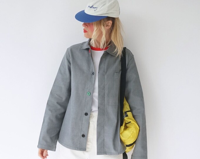 Vintage Gray German Chore Work Jacket | Herringbone Cotton Utility ...
