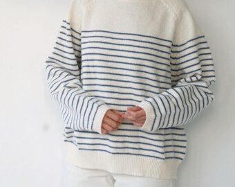Vintage French Stripes Blue and White Knitted Sweater | Round Neck ...