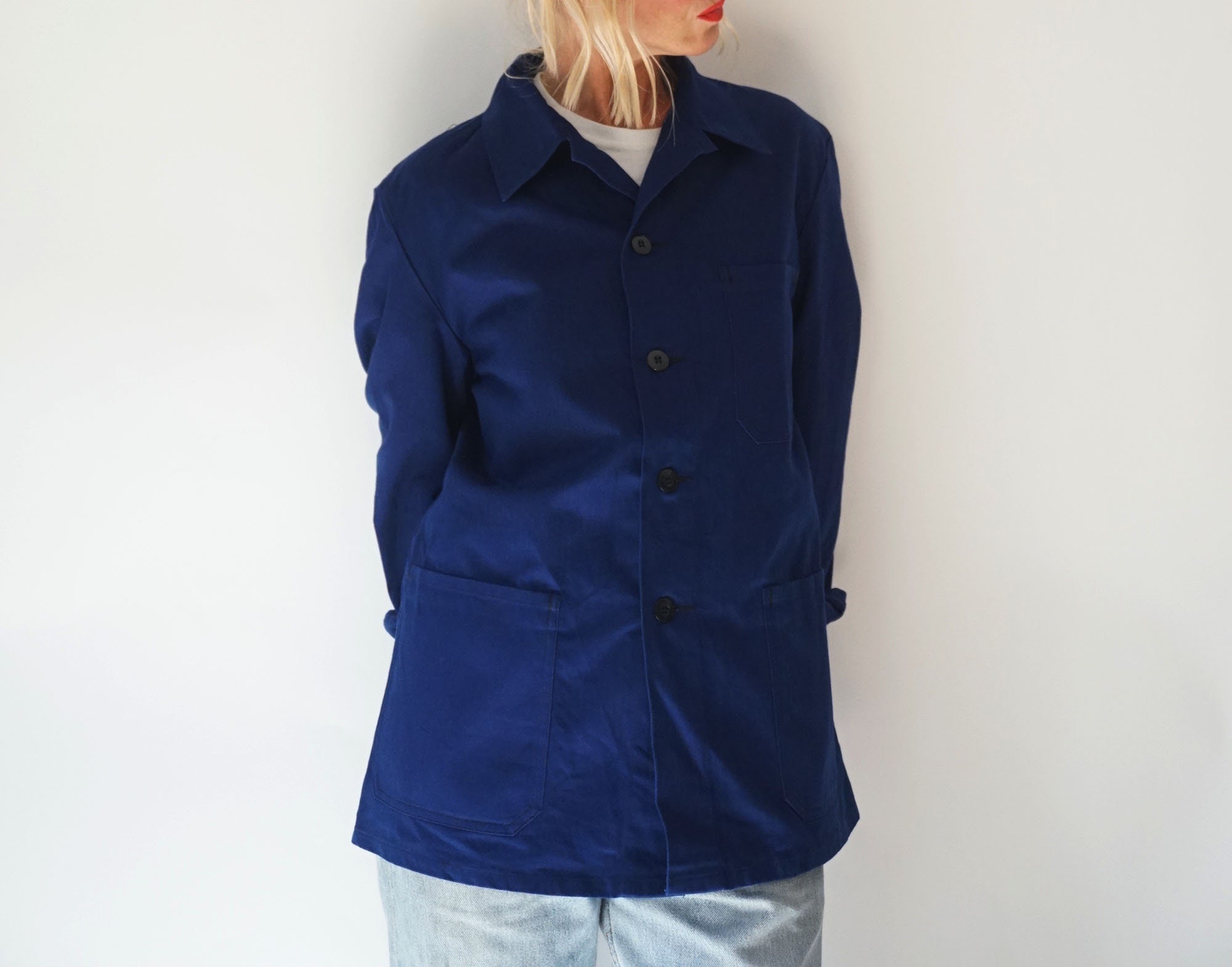 Vintage German Blue Chore Work Jacket | Herringbone Cotton Utility ...