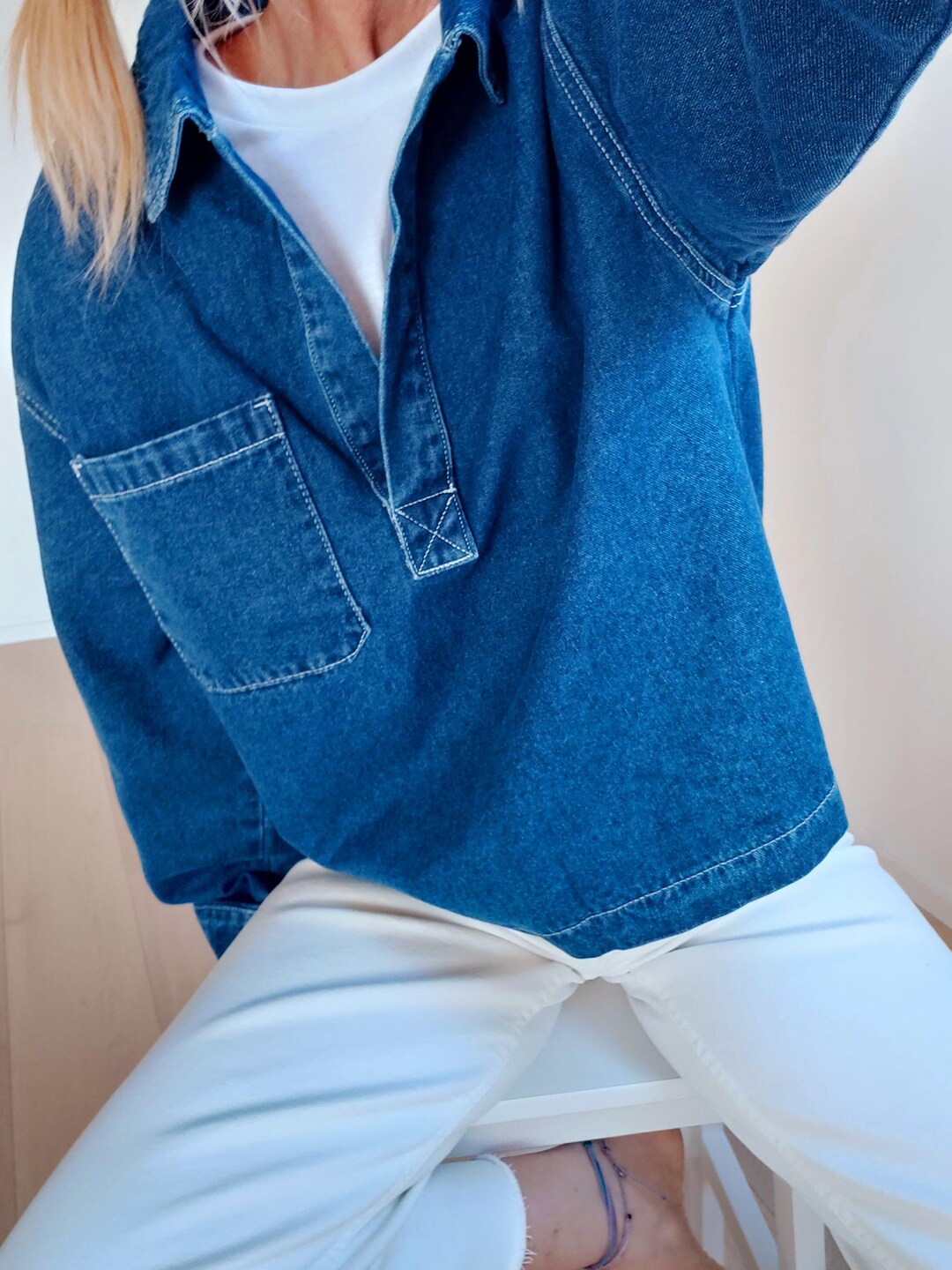 Vintage Medium Denim Lightweight Popover Tunic Shirt | Cotton Denim ...