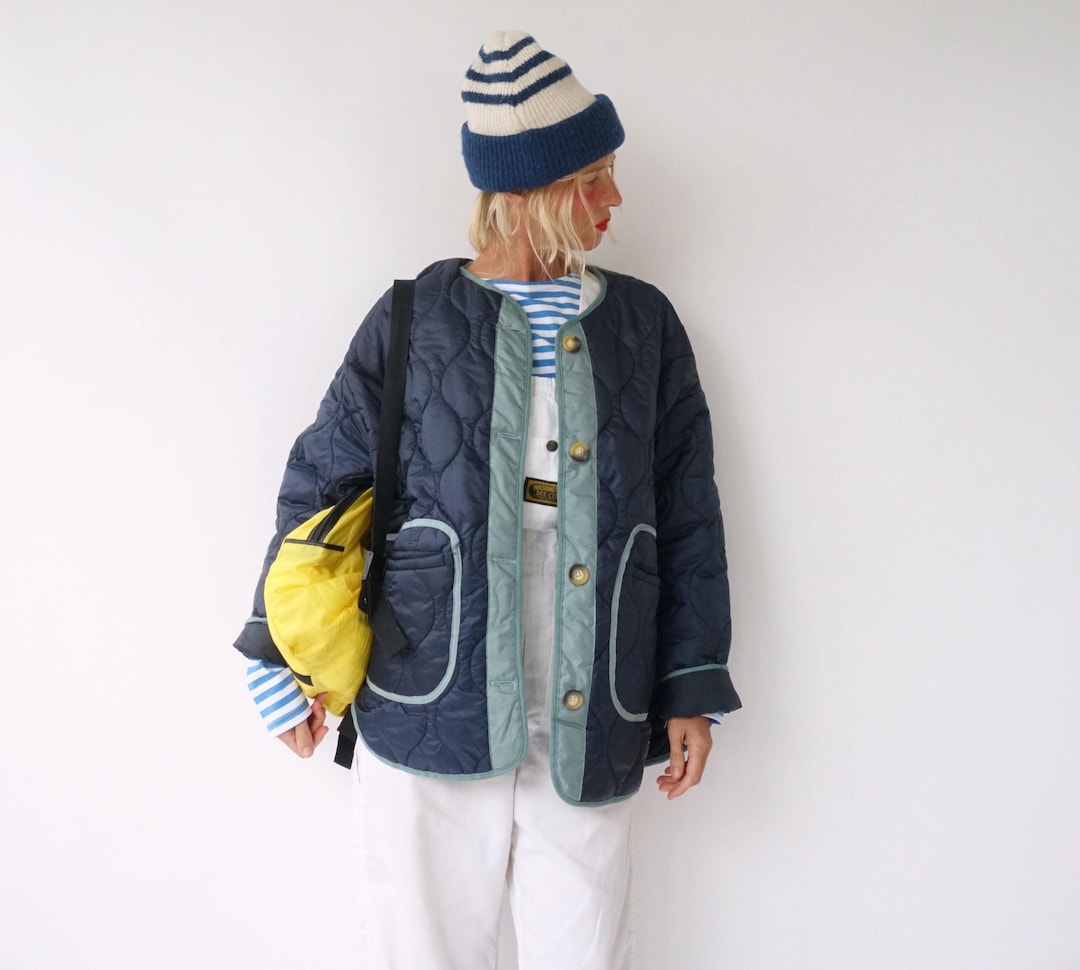 Vintage Two-tone Navy Sage Green Quilted Jacket Navy Quilt Liner Coat ...