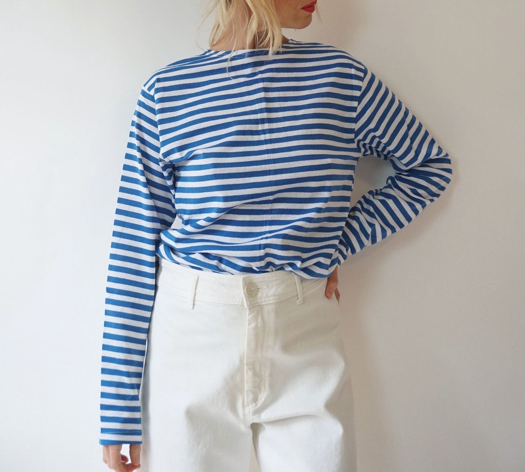 Vintage French Stripes Blue and White Cotton T-shirt | Boat Neck Long ...