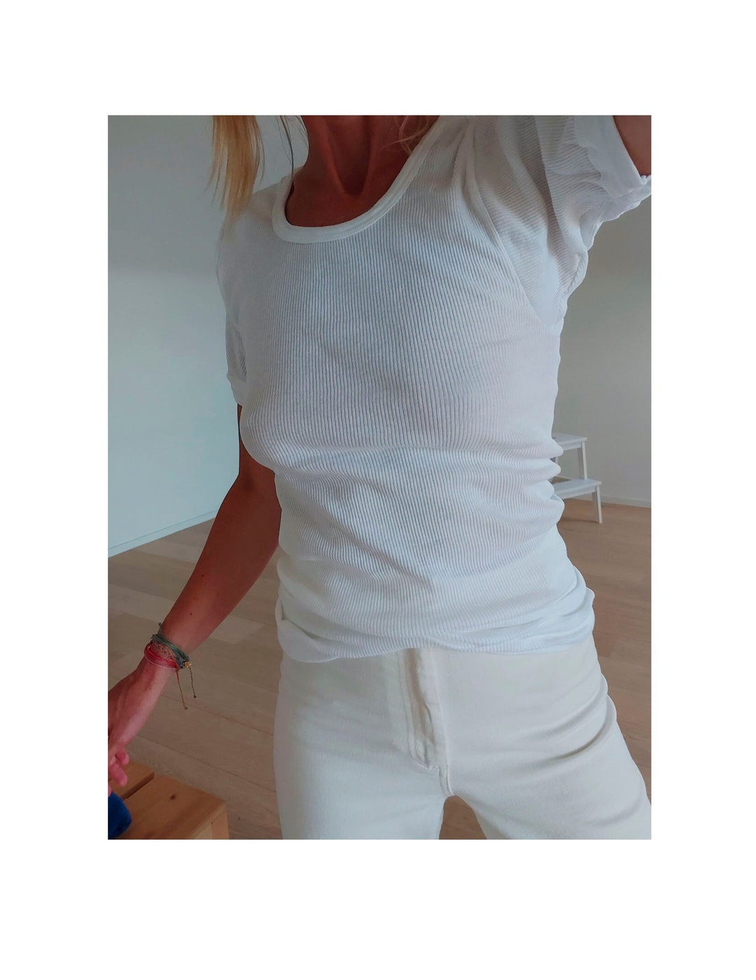 Vintage White Ribbed Cotton Tee | Rib Knit Short Sleeve Scoop Rib Knit ...