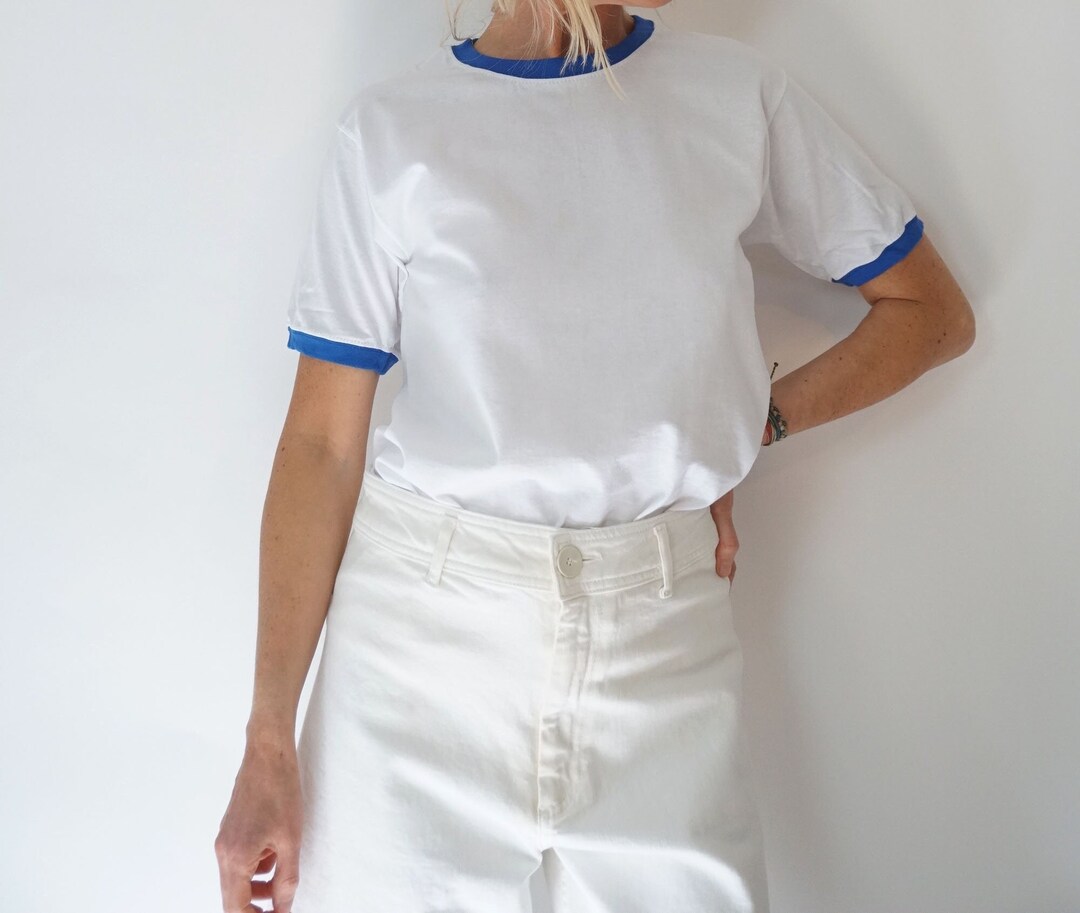 Vintage White Blue Ringer T Shirt | Crewneck Tee Cotton | 100% Cotton ...