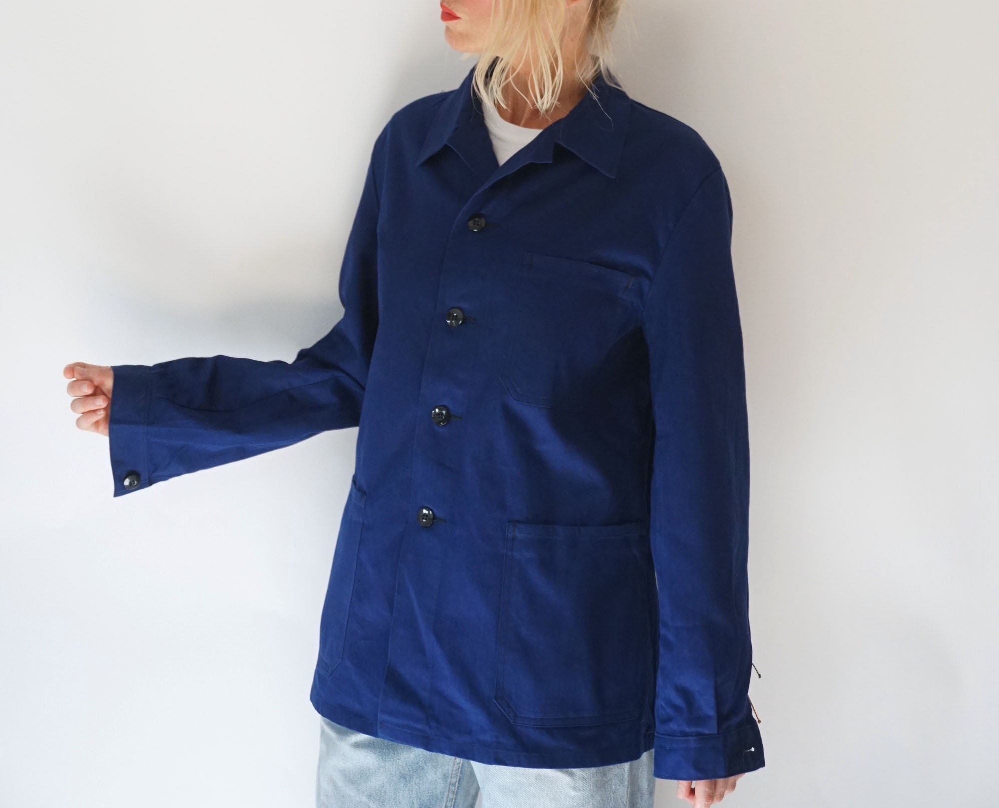 Vintage German Blue Chore Work Jacket | Herringbone Cotton Utility ...