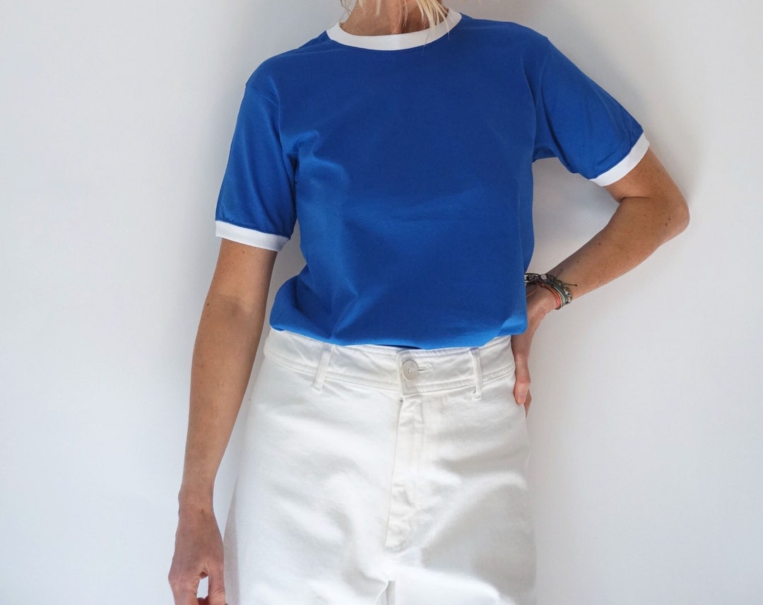 Vintage Royal Blue White Ringer T Shirt | Crewneck Tee Cotton | 100% ...