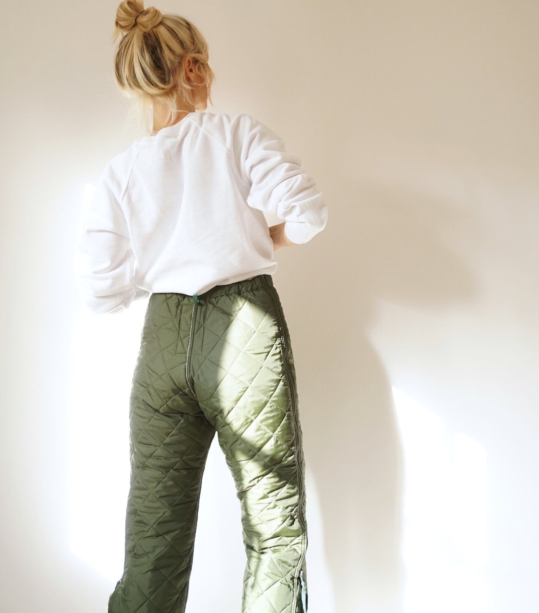 Vintage Military Quilted Liner Pants Green Quilt Cotton Army High Waist ...