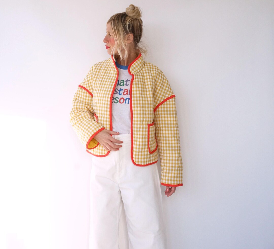 Vintage Butter Yellow Gingham Quilted Jacket | Oversized Quilt Liner ...