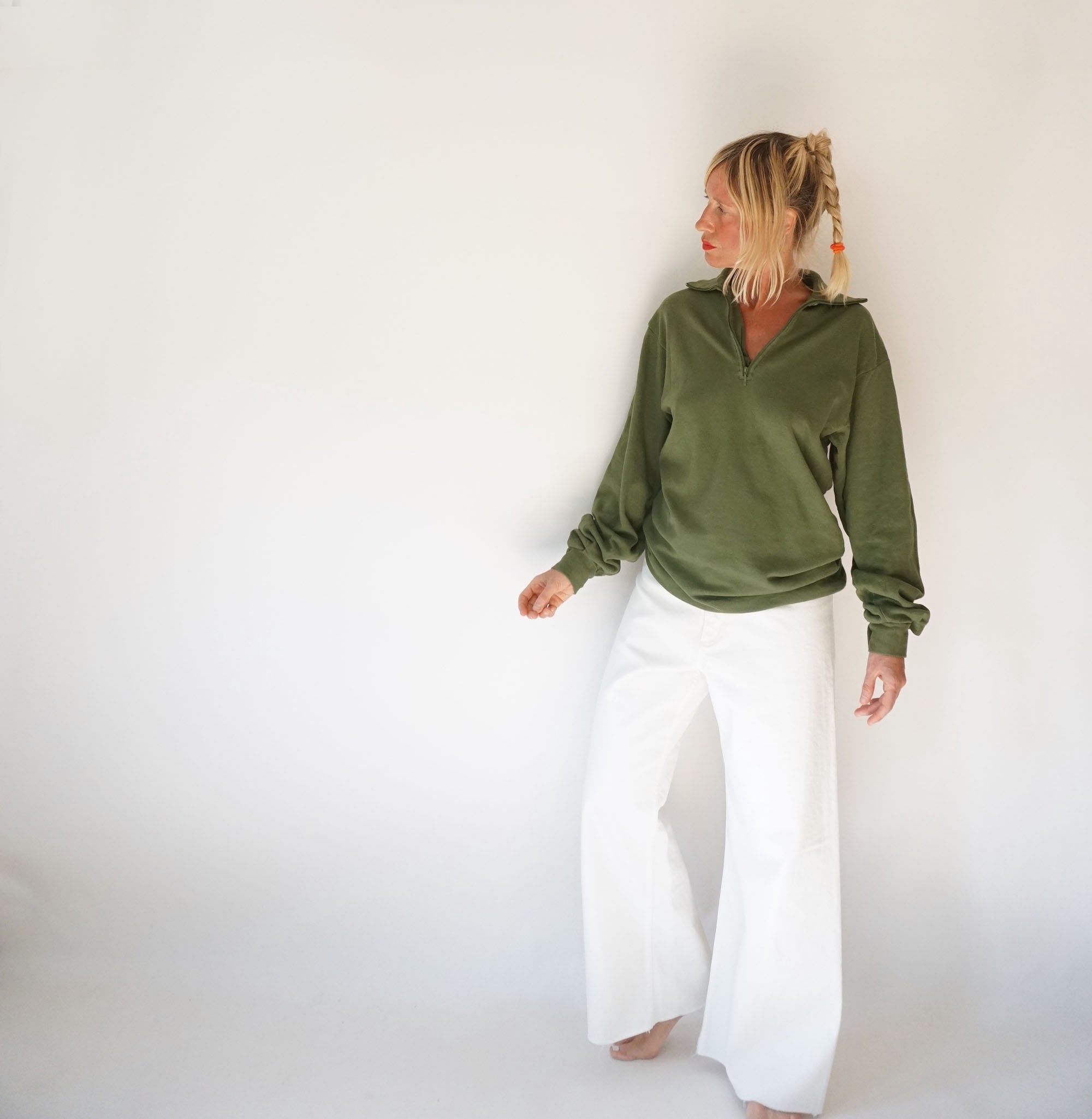 Vintage Moss Green Half Zip Sweatshirt | Midweight Long Vintage Moss Green Half Zip Sweatshirt | Midweight Long