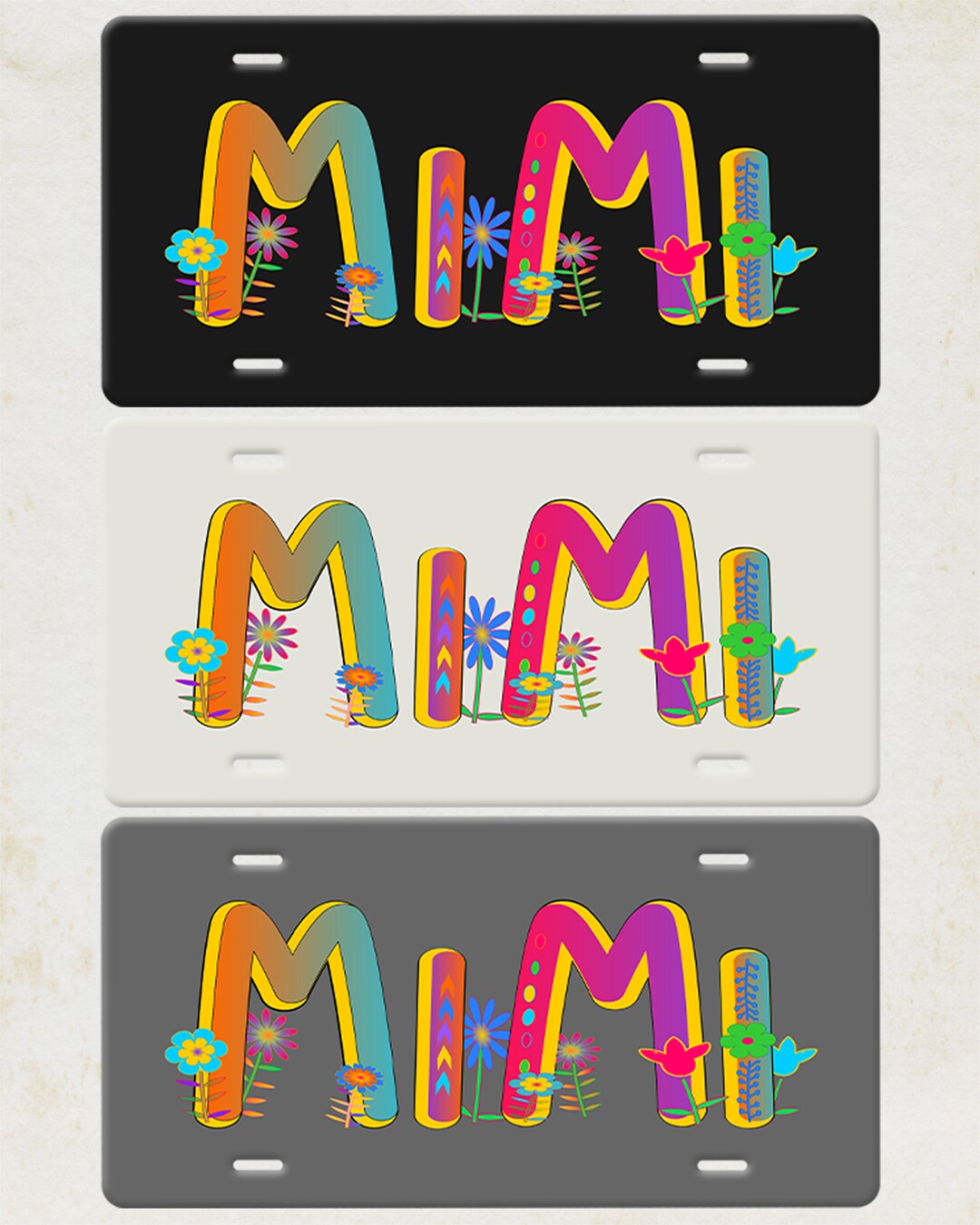 Mimi License Plate grandmother Rainbow Name and Whimsical Flowers-on A ...