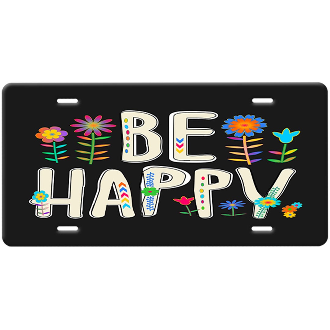 Be Happy License Plate-cream and Whimsical Flowers on a Black Car Tag ...