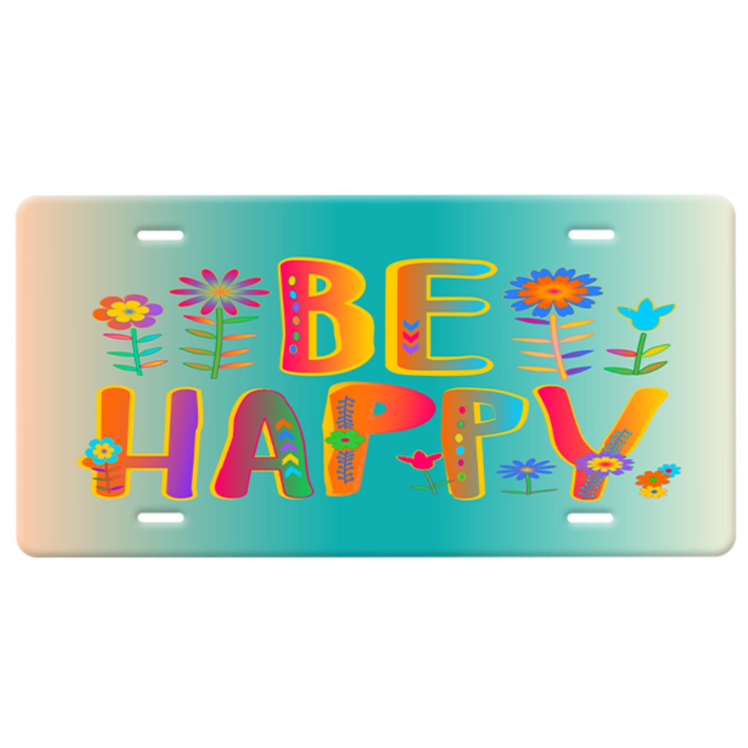 Be Happy License Plate-rainbow and Flowers Quote-peach,teal,creme Ombre ...